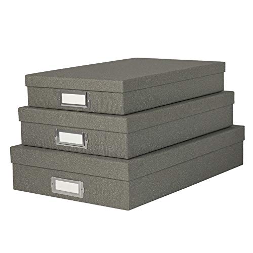 PAPERAGE Document Storage Boxes with Lids Set of 3 Sizes - textured grey matte paper with label plate - for organizing, crafts, home décor, office, closet