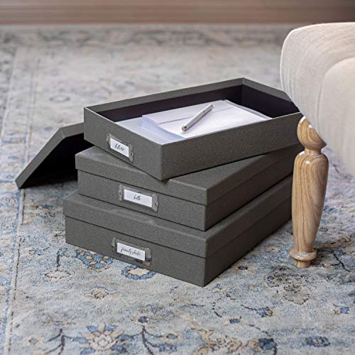 PAPERAGE Document Storage Boxes with Lids Set of 3 Sizes - textured grey matte paper with label plate - for organizing, crafts, home décor, office, closet