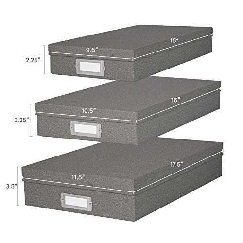 PAPERAGE Document Storage Boxes with Lids Set of 3 Sizes - textured grey matte paper with label plate - for organizing, crafts, home décor, office, closet