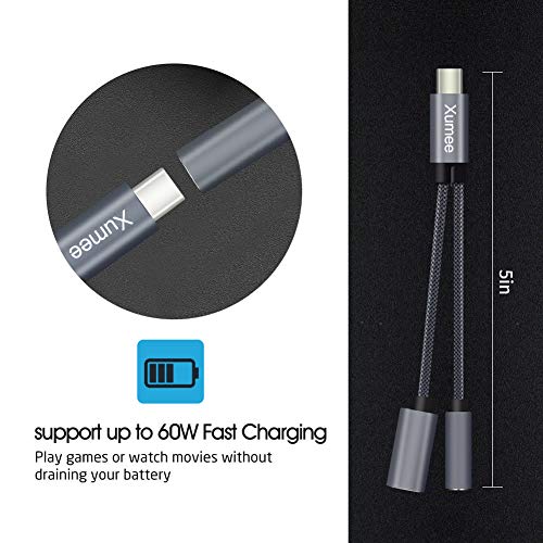 Xumee USB Type C to 3.5mm Headphone and Charger Adapter, 2-in-1 USB C to Aux Audio Jack Hi-Res DAC and Fast Charging Dongle Cable Compatible with Galaxy S23 Ultra S22 S21 S20 S20+ Note 20 (Grey)