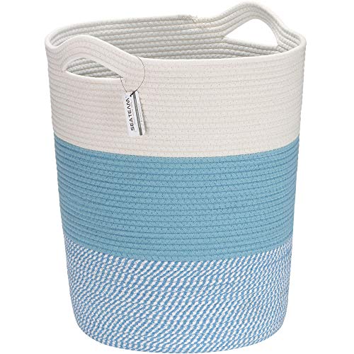 Sea Team Large Size Cotton Rope Woven Storage Basket with Handles, Laundry Hamper, Fabric Bucket, Drum, Clothes Toys Organizer for Kid's Room, 20 x 14 inches, Round Open Design, White & Mottled Blue