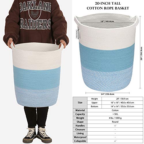 Sea Team Large Size Cotton Rope Woven Storage Basket with Handles, Laundry Hamper, Fabric Bucket, Drum, Clothes Toys Organizer for Kid's Room, 20 x 14 inches, Round Open Design, White & Mottled Blue