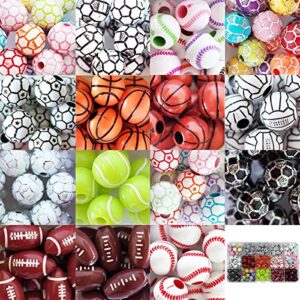 15 styles sports beads football baseball basketball tennis volleyball soccer with 1 roll of elastic rope and a plastic box for diy bracelet necklace making