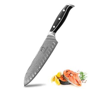 damascus kitchen knife, 7 inch santoku knife professional kitchen knife forged with vg10 super steel 67-layer damascus, non-slip abs ergonomic triple rivet handle, razor sharp lightweight multipurpose