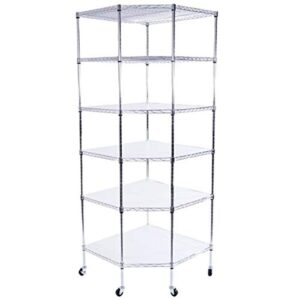 maxmye 6-tier floor corner pipe shelf, chrome plated polygonal corner metal shelf, 68 x 68 x 180cm pentagon rack bookshelf wire shelving with 2" pp wheels silver for kitchenware storage book display