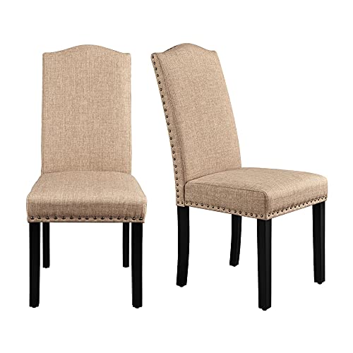 Yaheetech Dining Chairs Upholstered Parsons Chairs Kitchen Living Room Chairs with Rubber Wood Legs and Nailhead Trim, Fabric Side Chairs for Dining Room, Kitchen and Living Room, Set of 2, Khaki