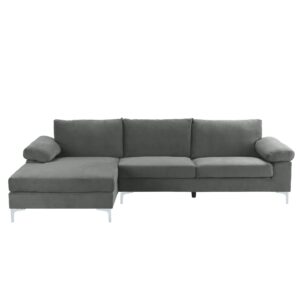 Casa Andrea Milano Modern Large Velvet Fabric Sectional Sofa, L-Shape Couch with Extra Wide Chaise Lounge, Slate