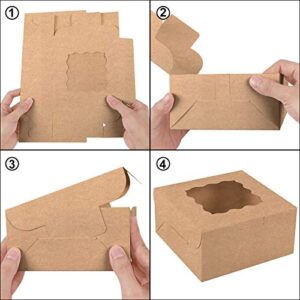 Moretoes 48pcs Brown Bakery Boxes with Window Cookie Boxes 6x6x3 Inches Small Cake Box Kraft Paper Treat Boxes for Cookies, Pastry, Cupcakes, Pie, Donuts