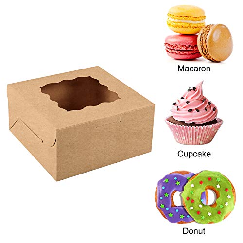 Moretoes 48pcs Brown Bakery Boxes with Window Cookie Boxes 6x6x3 Inches Small Cake Box Kraft Paper Treat Boxes for Cookies, Pastry, Cupcakes, Pie, Donuts