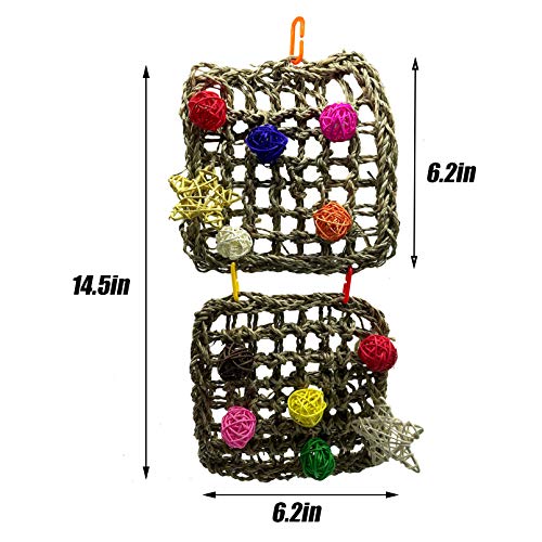 Bird Foraging Wall Toy Natural Seagrass Woven Parrot Activity Wall Hanging Hammock Cage Intelligence Chew Toy with Colorful Rattan Balls for Small Parrot Parakeet Conure Cockatoo Budgie Lovebird