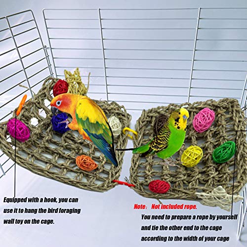 Bird Foraging Wall Toy Natural Seagrass Woven Parrot Activity Wall Hanging Hammock Cage Intelligence Chew Toy with Colorful Rattan Balls for Small Parrot Parakeet Conure Cockatoo Budgie Lovebird