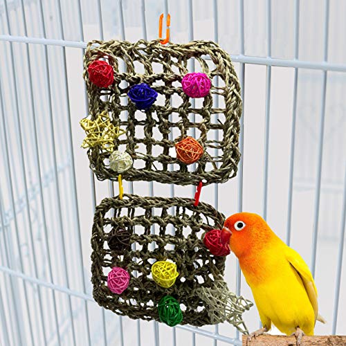 Bird Foraging Wall Toy Natural Seagrass Woven Parrot Activity Wall Hanging Hammock Cage Intelligence Chew Toy with Colorful Rattan Balls for Small Parrot Parakeet Conure Cockatoo Budgie Lovebird