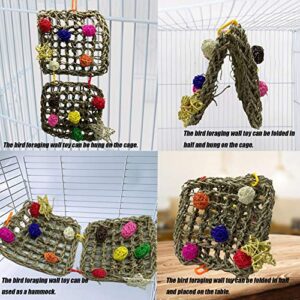 Bird Foraging Wall Toy Natural Seagrass Woven Parrot Activity Wall Hanging Hammock Cage Intelligence Chew Toy with Colorful Rattan Balls for Small Parrot Parakeet Conure Cockatoo Budgie Lovebird