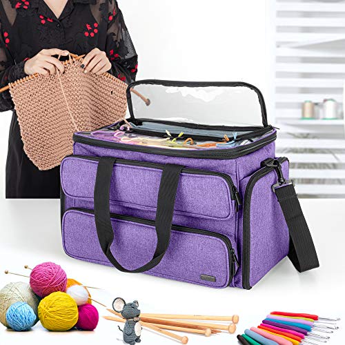 YARWO Knitting Bag, Yarn Storage Organizer Tote for Knitting Needles(Up to 14”), Crochet Hooks, Circular Needles, Projects and Skeins of Yarn, Purple (Bag Only)