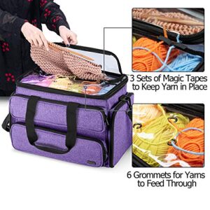 YARWO Knitting Bag, Yarn Storage Organizer Tote for Knitting Needles(Up to 14”), Crochet Hooks, Circular Needles, Projects and Skeins of Yarn, Purple (Bag Only)