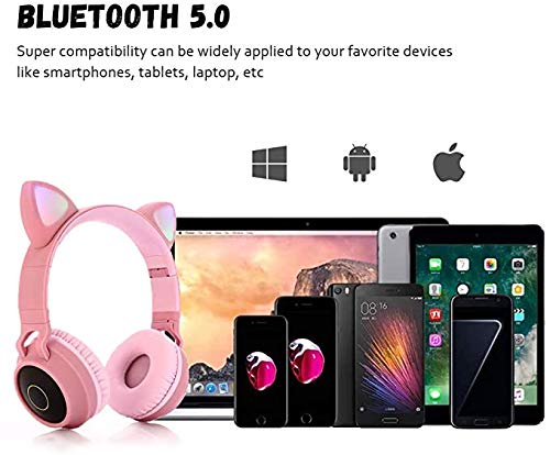 na1 Wireless Bluetooth Kids Headphones, Damikan Cat Ear Bluetooth Over Ear Headphones, LED Lights, FM Radio, TF Card, Aux, Mic for iPhone/iPad/Kindle/Laptop/PC/TV (Pink)