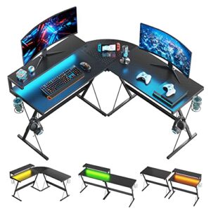 bestier led gaming desk 55" l shaped computer corner desk with 2 cup holders 2 headset hooks 36" large monitor shelf home office desk bedroom reversible 72" long desk for 2 persons, black