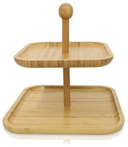 decorative 2-tier square bamboo serving tray with wooden handle - cupcake stand - home decor for kitchen counter, dining room table, and coffee bar - 9.5" x 9.5" x 10"