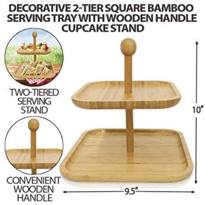 Decorative 2-Tier Square Bamboo Serving Tray with Wooden Handle - Cupcake Stand - Home Decor for Kitchen Counter, Dining Room Table, and Coffee Bar - 9.5" x 9.5" x 10"