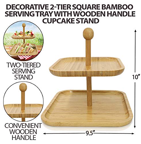 Decorative 2-Tier Square Bamboo Serving Tray with Wooden Handle - Cupcake Stand - Home Decor for Kitchen Counter, Dining Room Table, and Coffee Bar - 9.5" x 9.5" x 10"