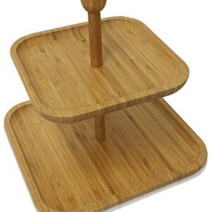 Decorative 2-Tier Square Bamboo Serving Tray with Wooden Handle - Cupcake Stand - Home Decor for Kitchen Counter, Dining Room Table, and Coffee Bar - 9.5" x 9.5" x 10"