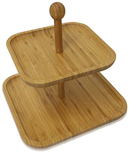 Decorative 2-Tier Square Bamboo Serving Tray with Wooden Handle - Cupcake Stand - Home Decor for Kitchen Counter, Dining Room Table, and Coffee Bar - 9.5" x 9.5" x 10"