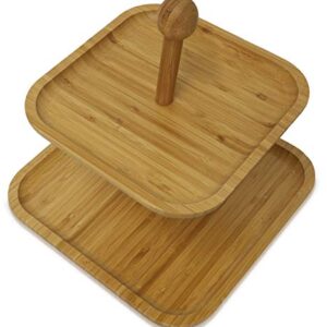 Decorative 2-Tier Square Bamboo Serving Tray with Wooden Handle - Cupcake Stand - Home Decor for Kitchen Counter, Dining Room Table, and Coffee Bar - 9.5" x 9.5" x 10"