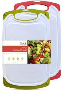 raj plastic cutting board reversible cutting board, dishwasher safe, chopping boards, juice groove, large handle, non-slip, bpa free (large (15.75" x 9.45"), red and green)