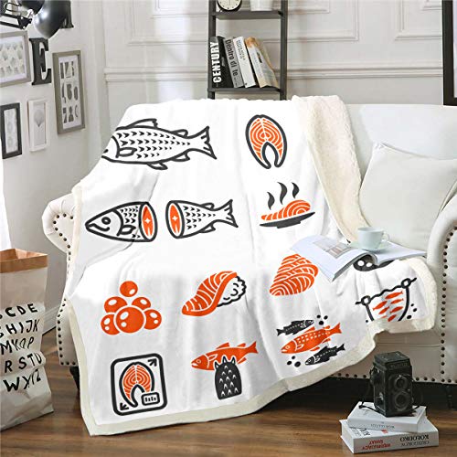 Cartoon Salmon Fish Themed Plush Blanket Cute Ocean Sea Creature Fleece Throw Blanket Sushi Print Sherpa Blanket for Couch Bed Sofa Hipster Japanese Style Fuzzy Blanket Room Decor Twin 60"x80"