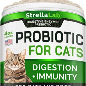 Probiotics Powder for Cats and Dogs - All Natural Supplement - Digestive Enzymes + Prebiotics - Relieves Diarrhea, Upset Stomach, Gas, Constipation, Litter Box Smell, Skin Allergy -Made in USA- 4oz