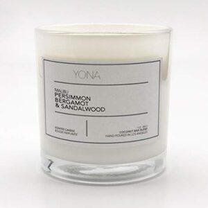 Persimmon, Bergamot & Sandalwood scented candle (7oz./200g.) Made with coconut wax blend, highly scented. Medium size candle with two wicks. Handmade in Los Angeles, CA.