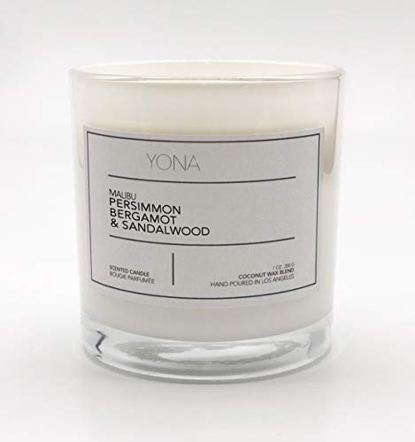 Persimmon, Bergamot & Sandalwood scented candle (7oz./200g.) Made with coconut wax blend, highly scented. Medium size candle with two wicks. Handmade in Los Angeles, CA.