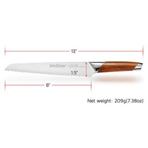 WELLSTAR Bread Knife, 8 Inch Serrated Bread Loaf Slicing Knife with Razor Sharp High Carbon German Stainless Steel Forged Blade and Natural Rosewood Handle in Gift Box, V-Style Series