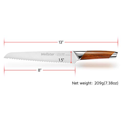 WELLSTAR Bread Knife, 8 Inch Serrated Bread Loaf Slicing Knife with Razor Sharp High Carbon German Stainless Steel Forged Blade and Natural Rosewood Handle in Gift Box, V-Style Series