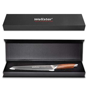 WELLSTAR Bread Knife, 8 Inch Serrated Bread Loaf Slicing Knife with Razor Sharp High Carbon German Stainless Steel Forged Blade and Natural Rosewood Handle in Gift Box, V-Style Series