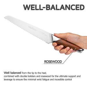 WELLSTAR Bread Knife, 8 Inch Serrated Bread Loaf Slicing Knife with Razor Sharp High Carbon German Stainless Steel Forged Blade and Natural Rosewood Handle in Gift Box, V-Style Series