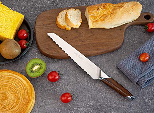 WELLSTAR Bread Knife, 8 Inch Serrated Bread Loaf Slicing Knife with Razor Sharp High Carbon German Stainless Steel Forged Blade and Natural Rosewood Handle in Gift Box, V-Style Series