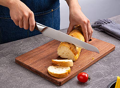 WELLSTAR Bread Knife, 8 Inch Serrated Bread Loaf Slicing Knife with Razor Sharp High Carbon German Stainless Steel Forged Blade and Natural Rosewood Handle in Gift Box, V-Style Series