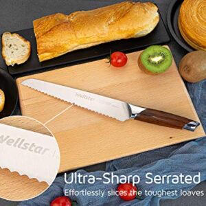 WELLSTAR Bread Knife, 8 Inch Serrated Bread Loaf Slicing Knife with Razor Sharp High Carbon German Stainless Steel Forged Blade and Natural Rosewood Handle in Gift Box, V-Style Series