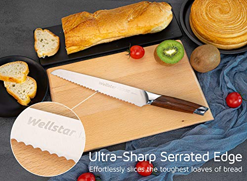 WELLSTAR Bread Knife, 8 Inch Serrated Bread Loaf Slicing Knife with Razor Sharp High Carbon German Stainless Steel Forged Blade and Natural Rosewood Handle in Gift Box, V-Style Series