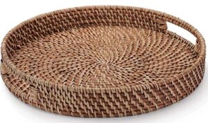 16.9 inch rattan tray, round wicker tray with cut-out handles, woven serving tray for dining/coffee table