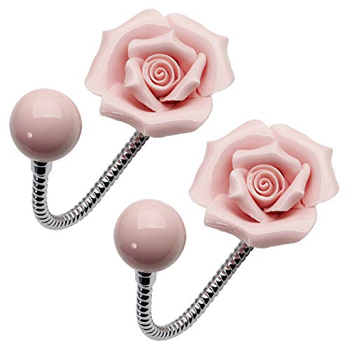 MDPLY Beautiful 3D Flower Ceramic Wall Coat Hook, Chrome Decorative Robe Hook, Scarf, Bag, Towel, Hat etc for Kitchen Bathroom Office - YL00006-2 (2Pcs Rose Pink Set)