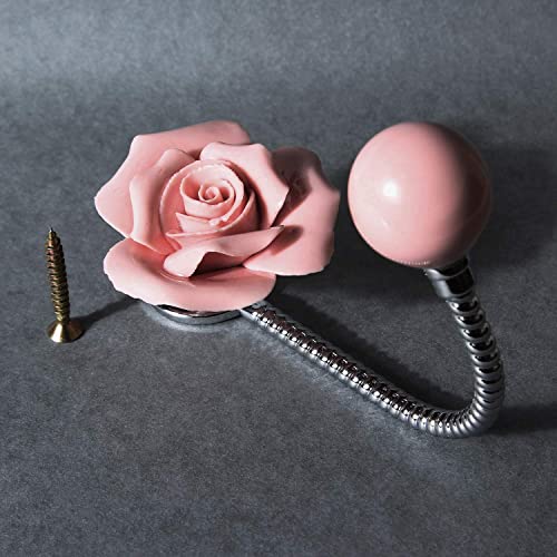 MDPLY Beautiful 3D Flower Ceramic Wall Coat Hook, Chrome Decorative Robe Hook, Scarf, Bag, Towel, Hat etc for Kitchen Bathroom Office - YL00006-2 (2Pcs Rose Pink Set)