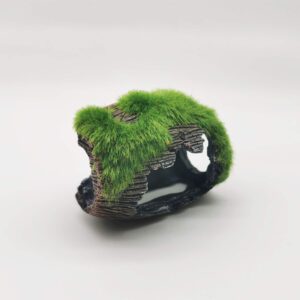 E.YOMOQGG Aquarium Decoration Broken Barrel Hideout with Moss Grass, Hideaway Cave for Fish Tank, Resin Hideout Ornament for Betta, Small Lizards to Play, Hide, Rest for Miniature Fairy Garden (Small)