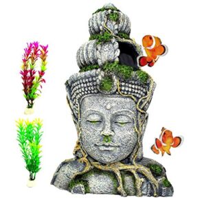 pinvnby aquarium buddha head statue decorations,fish tank resin large buddha sculpture ornament,betta hideout cave sleep rest play for small fish shrimp lizard gecko small reptile(3 pack)