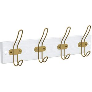 tibres - brushed gold wall hooks for hanging coat clothes and towel - brushed gold coat hook rack door or wall mount - white hanger with 4 metal matte gold hooks for bathroom - solid wood