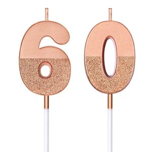 bbto 60th birthday candles glitter cake numeral candles 60th birthday cake topper decoration for birthday wedding anniversary celebration favor, rose gold