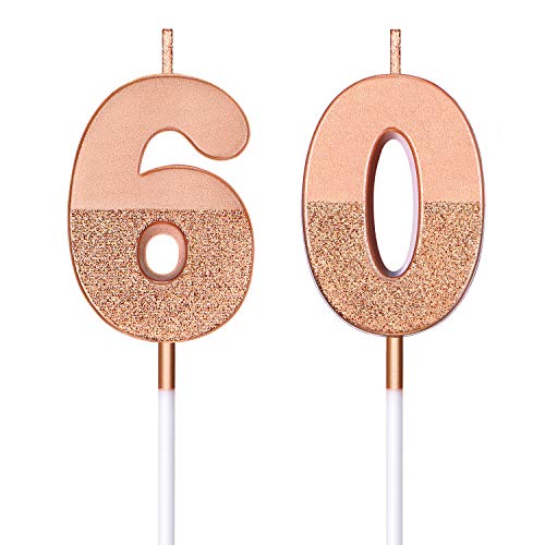 BBTO 60th Birthday Candles Glitter Cake Numeral Candles 60th Birthday Cake Topper Decoration for Birthday Wedding Anniversary Celebration Favor, Rose Gold