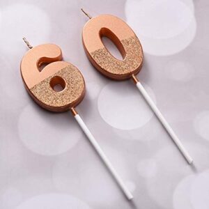 BBTO 60th Birthday Candles Glitter Cake Numeral Candles 60th Birthday Cake Topper Decoration for Birthday Wedding Anniversary Celebration Favor, Rose Gold