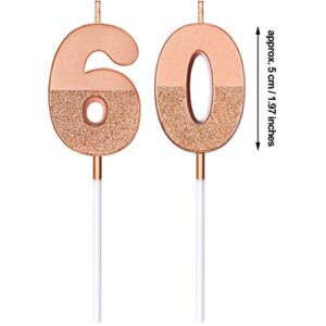 BBTO 60th Birthday Candles Glitter Cake Numeral Candles 60th Birthday Cake Topper Decoration for Birthday Wedding Anniversary Celebration Favor, Rose Gold